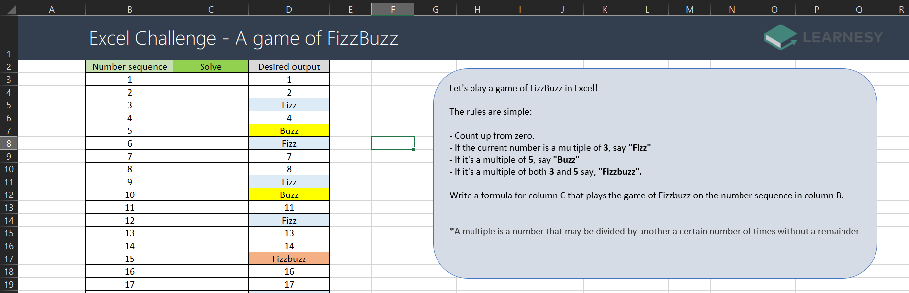 Excel challenge - FizzBuzz - Learnesy